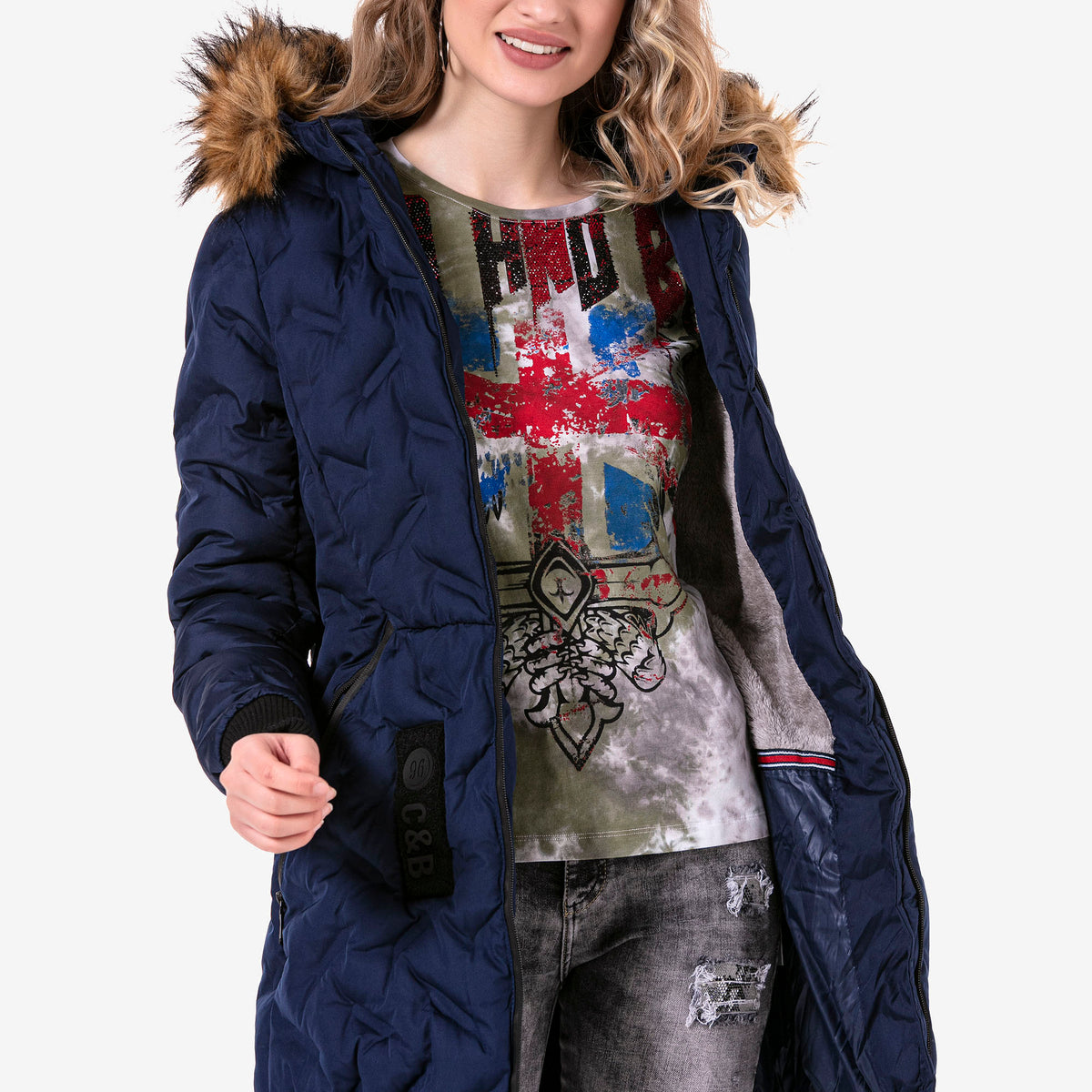 WM106 Damen Steppjacke mit modischem Kunstfellbesatz - Cipo and Baxx